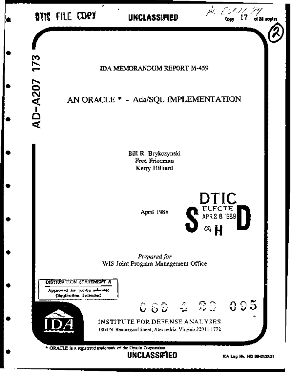 An Oracle (Trademark) - Ada (Trademark)/SQL (Structured Query Language ...