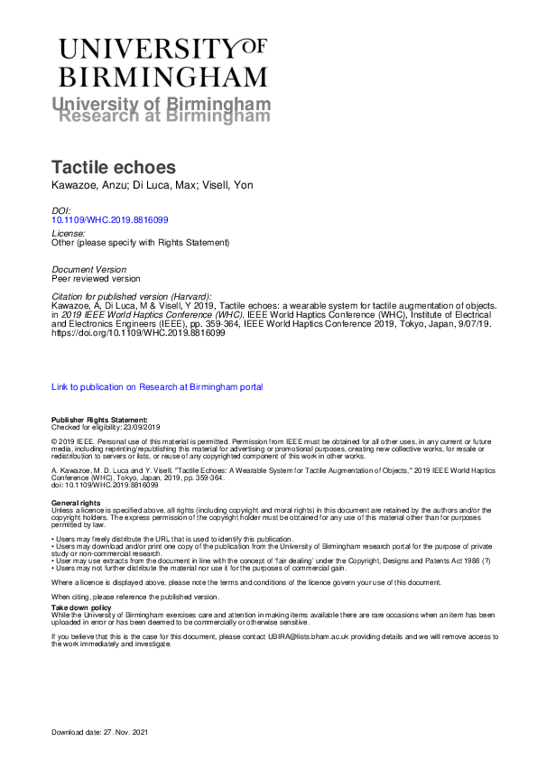 (PDF) Tactile Echoes: A Wearable System for Tactile Augmentation of Objects