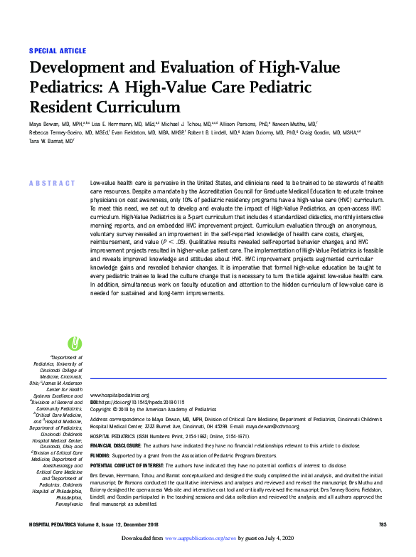(PDF) Development and Evaluation of High-Value Pediatrics: A High-Value ...
