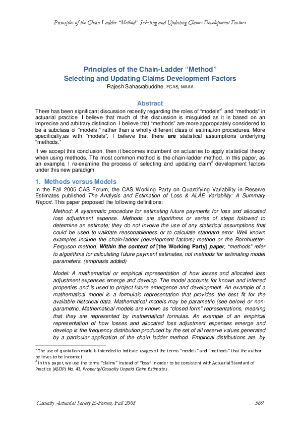 (PDF) Principles of the Chain-Ladder “Method” Selecting and Updating ...