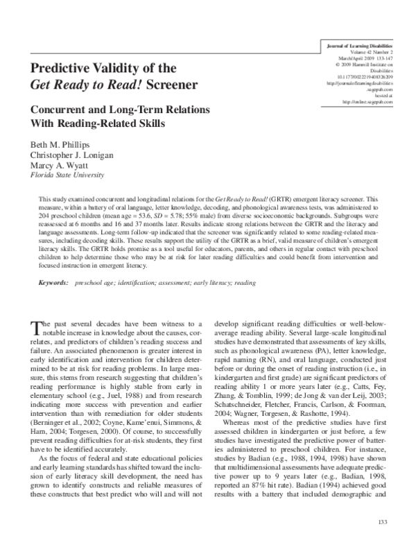 (PDF) Predictive Validity of the Get Ready to Read! Screener