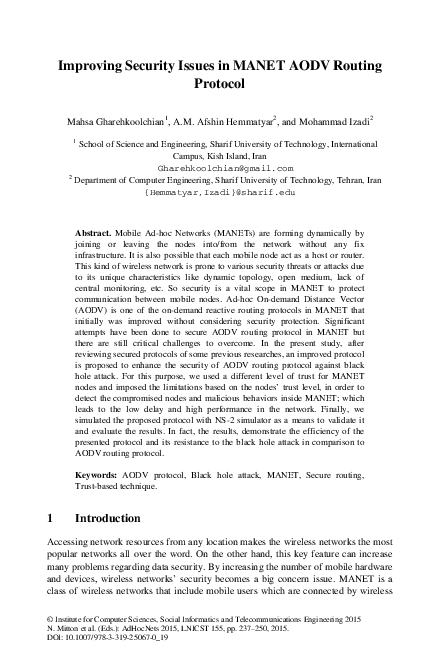 (PDF) Improving Security Issues in MANET AODV Routing Protocol