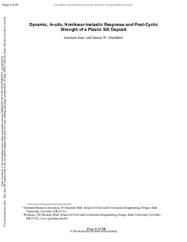 (PDF) Dynamic, In-situ, Nonlinear-Inelastic Response and Post-Cyclic ...