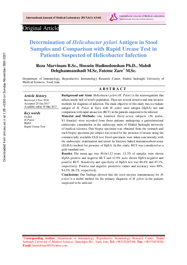 (PDF) Determination of Helicobacter pylori Antigen in Stool Samples and ...