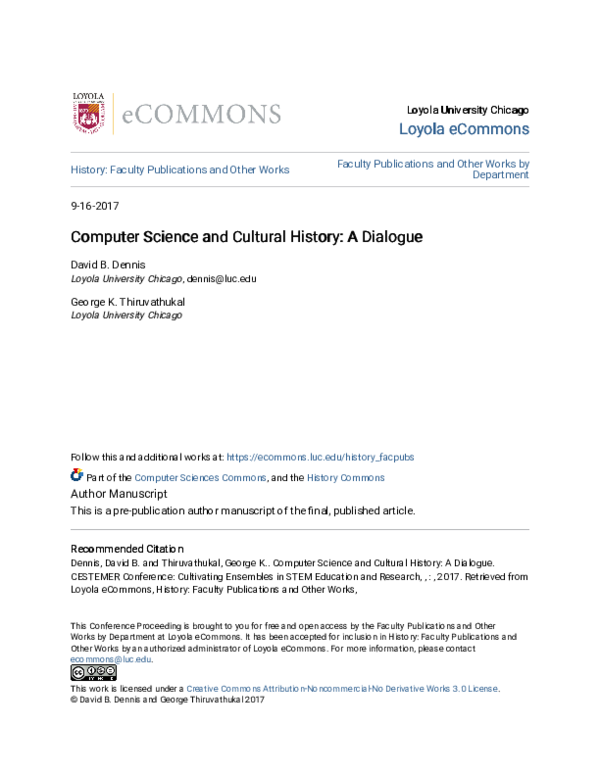 (PDF) Computer Science and Cultural History: A Dialogue
