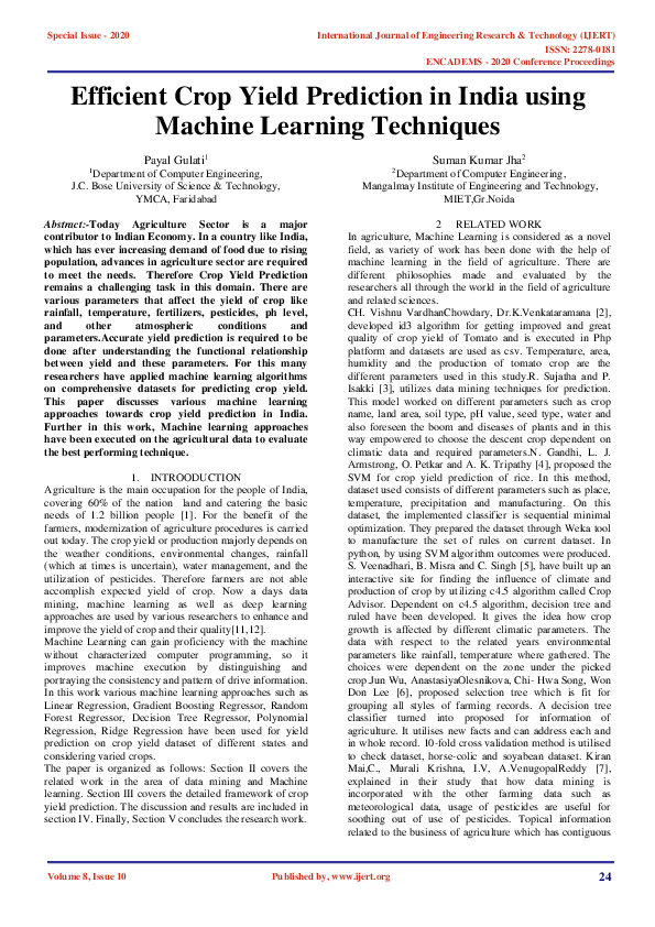 (PDF) Efficient Crop Yield Prediction in India using Machine Learning ...