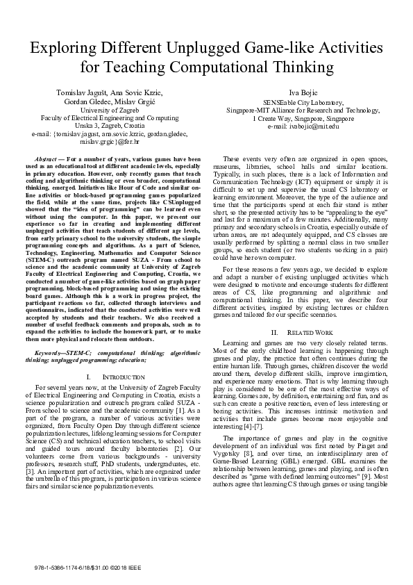 Pdf Exploring Different Unplugged Game Like Activities For Teaching Computational Thinking