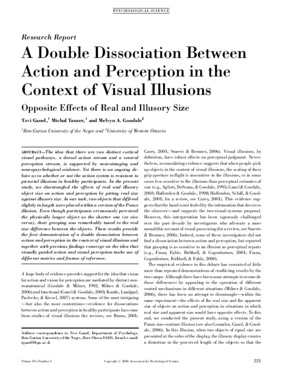 Pdf A Double Dissociation Between Action And Perception In The Context Of Visual Illusions