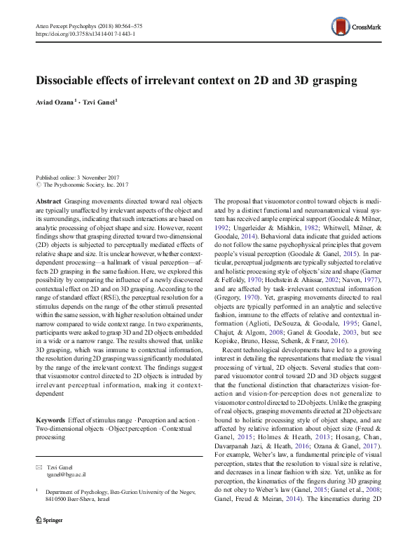 (PDF) Dissociable effects of irrelevant context on 2D and 3D grasping