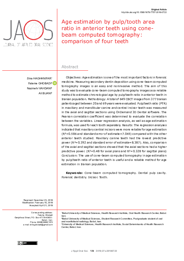 (PDF) Age estimation by pulp/tooth area ratio in anterior teeth using cone-beam computed ...