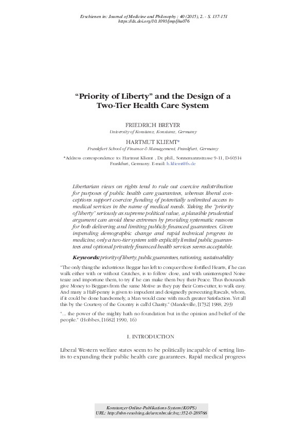 (PDF) Priority of liberty" and the design of a two-tier health care system