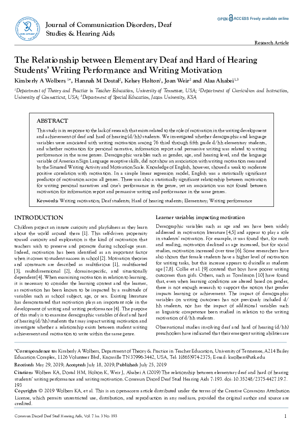 (PDF) The Relationship between Elementary Deaf and Hard of Hearing ...