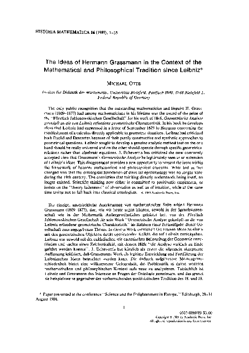 (PDF) The ideas of Hermann Grassmann in the context of the mathematical ...