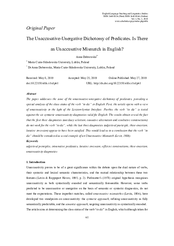 (PDF) The Unaccusative-Unergative Dichotomy of Predicates. Is There an ...