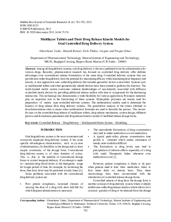 (PDF) Multilayer Tablets and Their Drug Release Kinetic Models for Oral ...