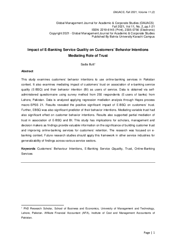 (PDF) Impact of E-Banking Service Quality on Customers' Behavior ...
