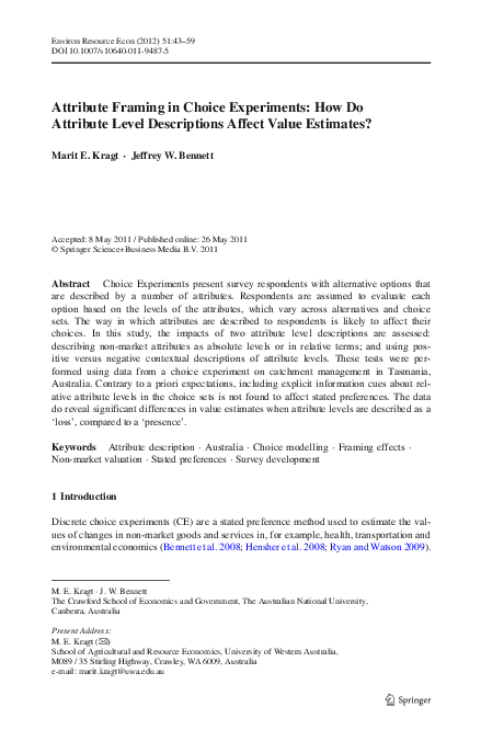 (PDF) Attribute Framing in Choice Experiments: How Do Attribute Level ...