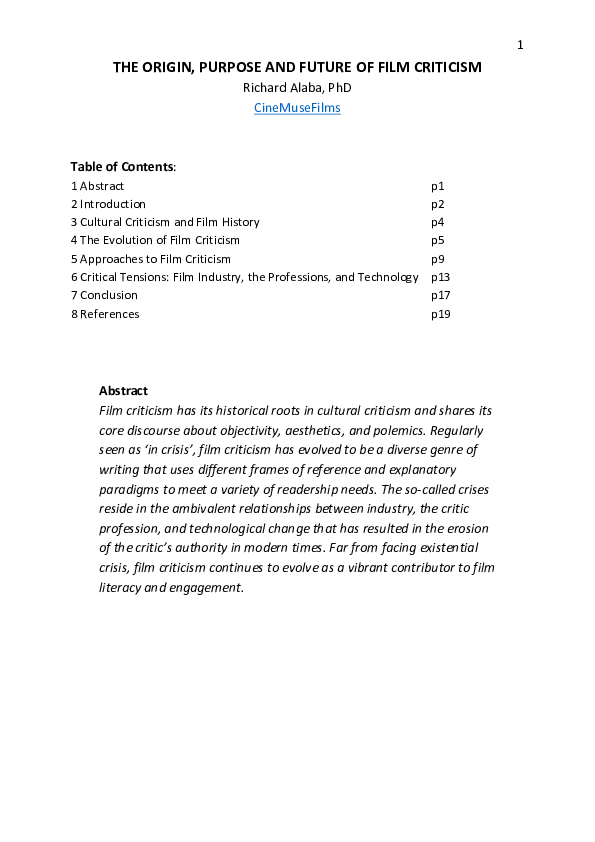 (PDF) The Origin, Purpose and Future of Film Criticism