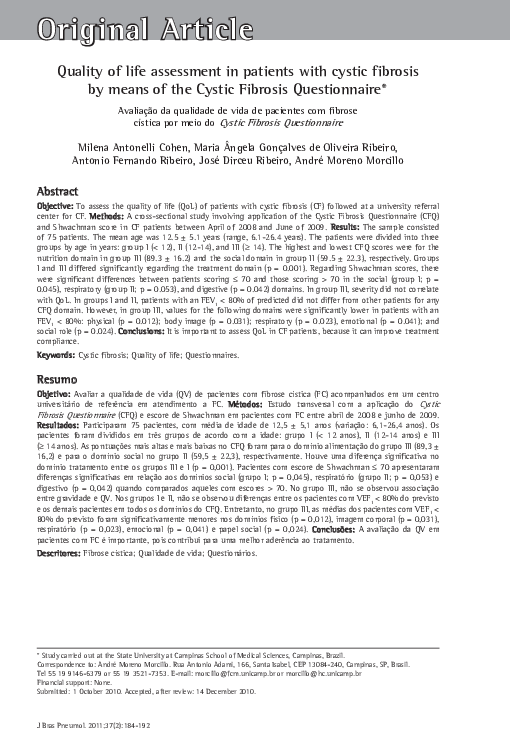 (PDF) Quality of life assessment in patients with cystic fibrosis by ...