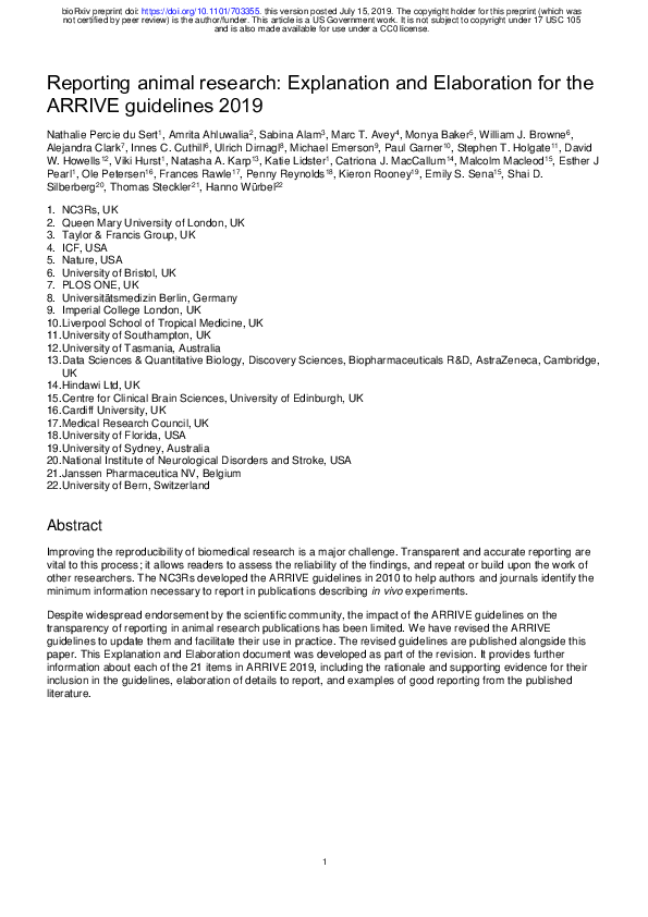 (PDF) Reporting animal research: Explanation and Elaboration for the ARRIVE guidelines 2019