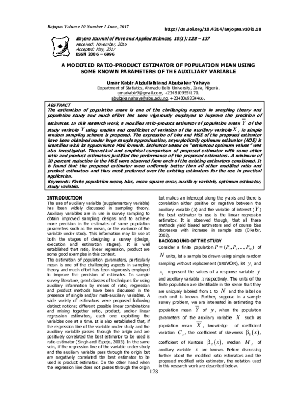 Pdf A Modified Ratio Product Estimator Of Population Mean Using Some