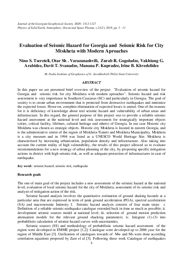 (PDF) Seismic Hazard Assessment for Mtskheta, Georgia