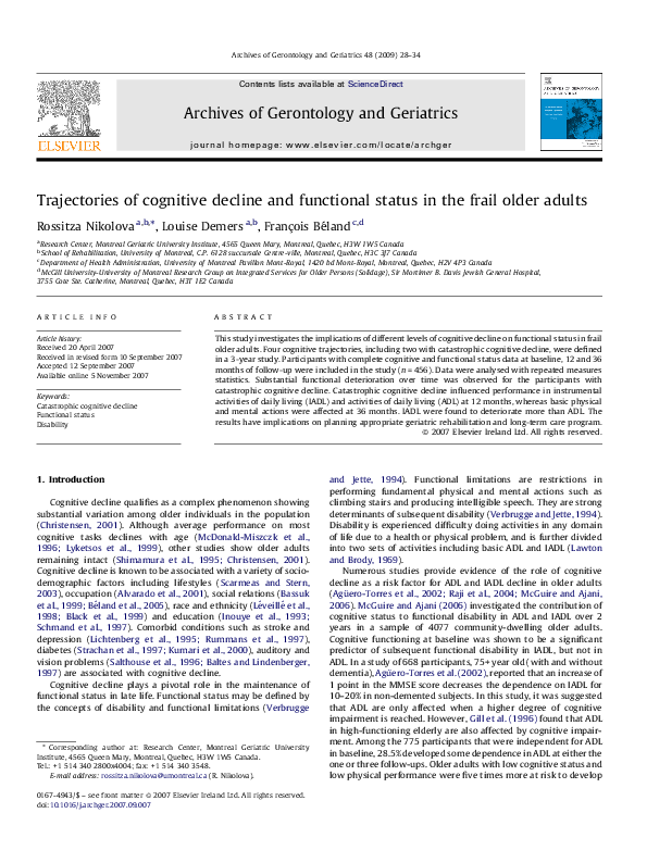 Pdf Trajectories Of Cognitive Decline And Functional Status In The