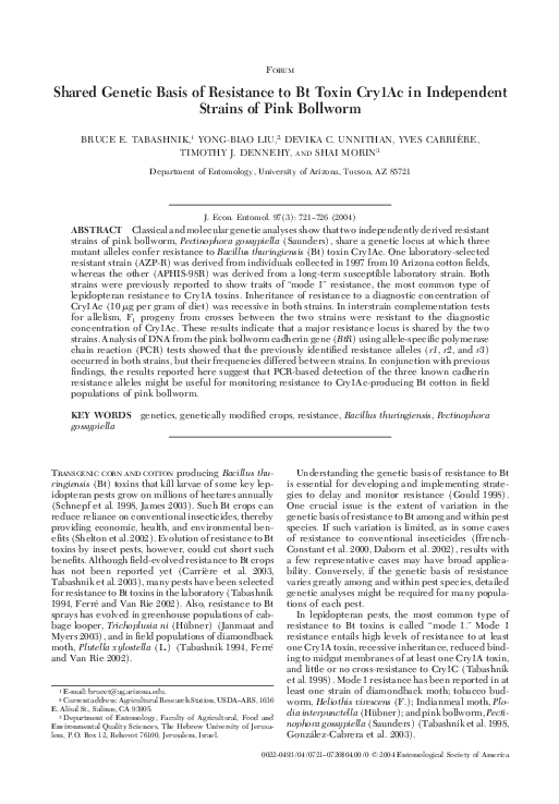 (PDF) Shared genetic basis of resistance to Bt toxin Cry1Ac in independent strains of pink bollworm