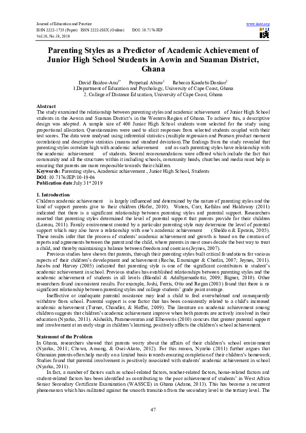 (PDF) Parenting Styles as a Predictor of Academic Achievement of Junior ...