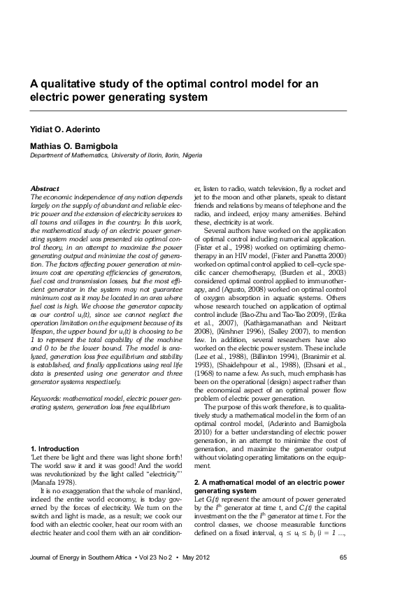 (PDF) A quantitative study of the optimal control model for an electric power generating system