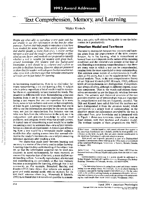 (PDF) Text comprehension, memory, and learning