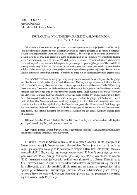 (PDF) TRUBARJEVA IN KüZMIčEVA RAZLIčICA SLOVENSKEGA KNJI NEGA JEZIKA