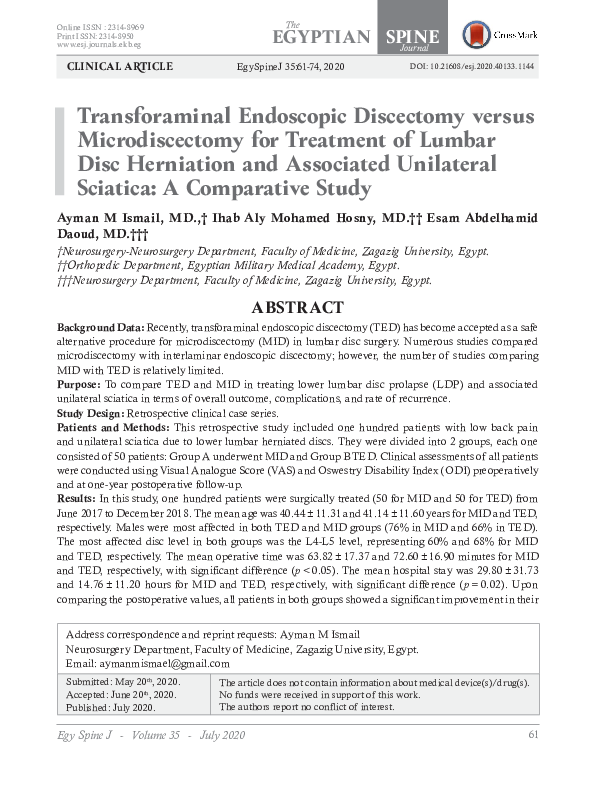 (PDF) Transforaminal Endoscopic Discectomy versus Microdiscectomy for ...
