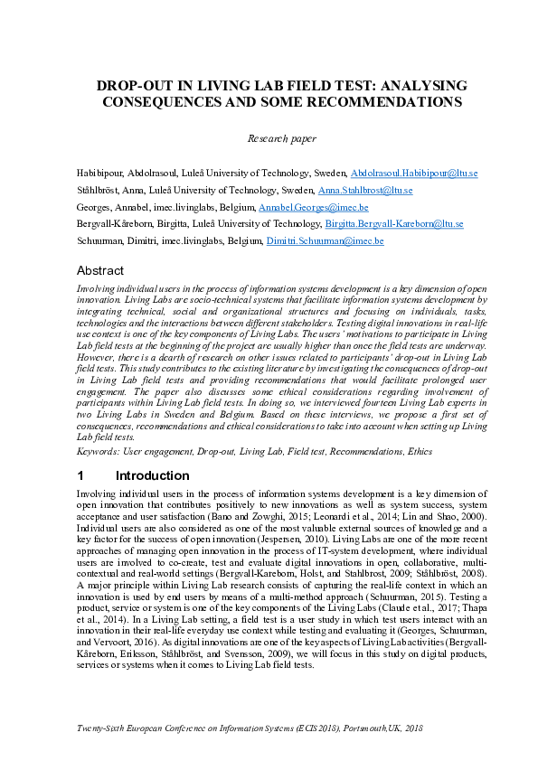 (PDF) Drop-out in Living Lab field Test: analysing Consequences and ...