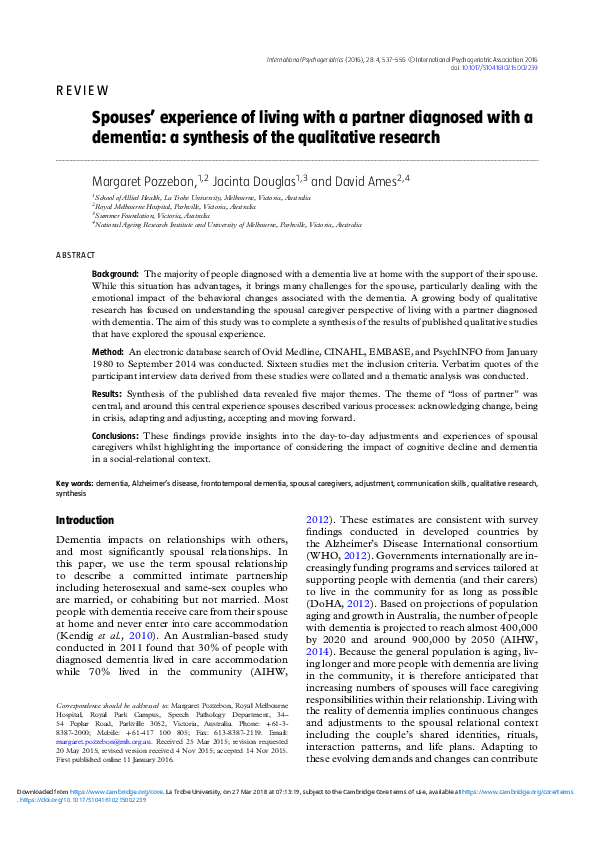 (PDF) Spouses’ experience of living with a partner diagnosed with a ...