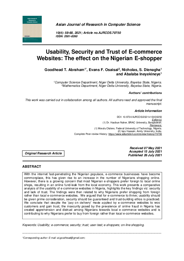 Pdf Usability Security And Trust Of E Commerce Websites The Effect