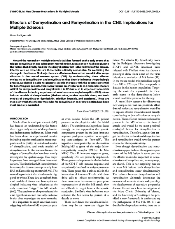 (PDF) Effectors of Demyelination and Remyelination in the CNS ...