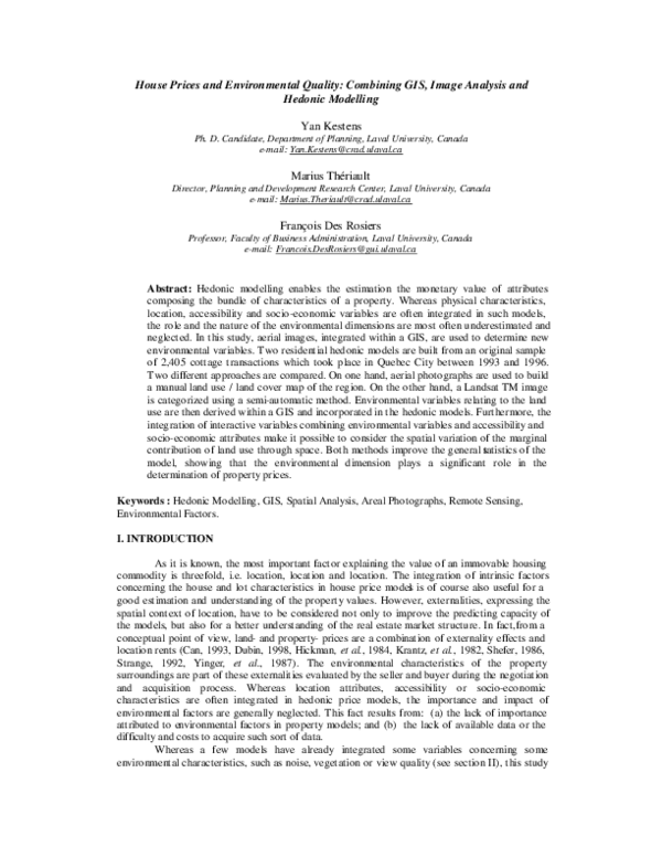 (PDF) House prices and environmental quality: combining gis, image analysis and hedonic modelling