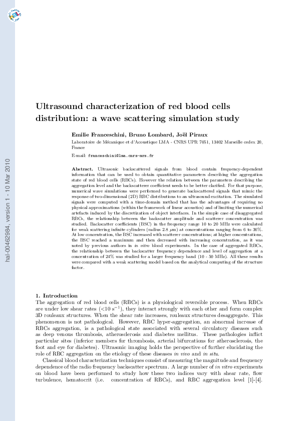 (PDF) Ultrasound characterization of red blood cells distribution: a ...