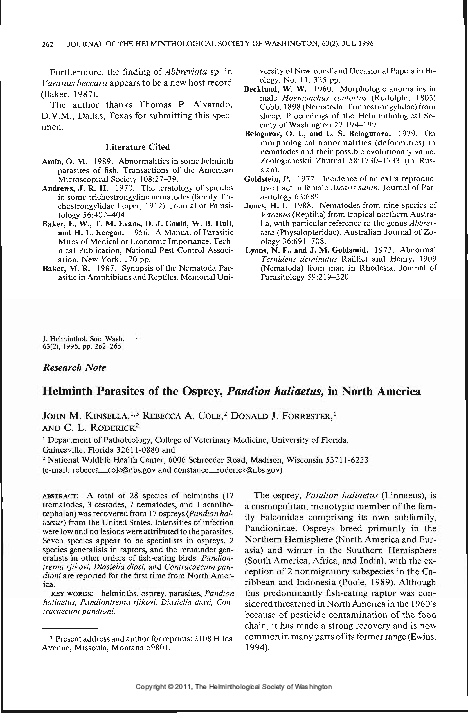 (PDF) Helminth parasites of the osprey, Pandion haliaetus, in North America