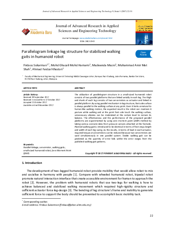 (PDF) Parallelogram linkage leg structure for stabilized walking gaits ...