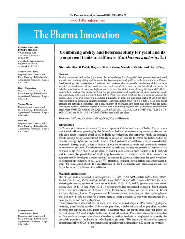 (PDF) Combining ability and heterosis study for yield and its component traits in safflower ...