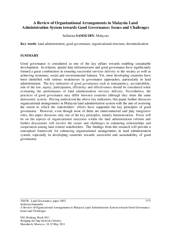 (PDF) A Review of Organizational Arrangements in Malaysia Land Administration System towards ...