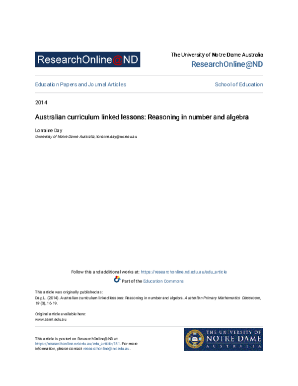 (PDF) Australian curriculum linked lessons: Reasoning in number and algebra