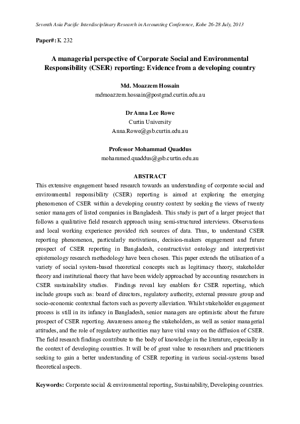(PDF) A managerial perspective of Corporate Social and Environmental ...