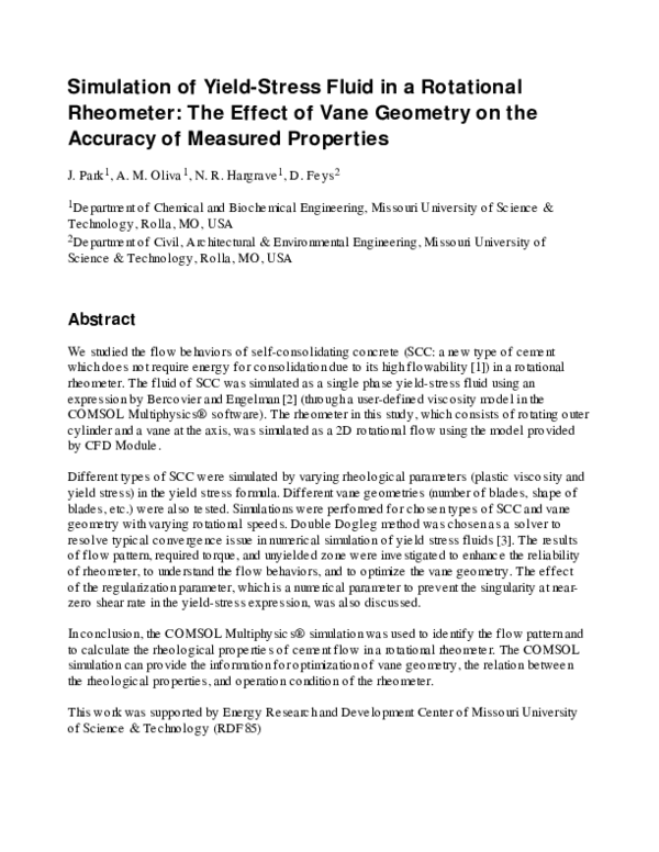 (PDF) Simulation of Yield-Stress Fluid in a Rotational Rheometer: The ...