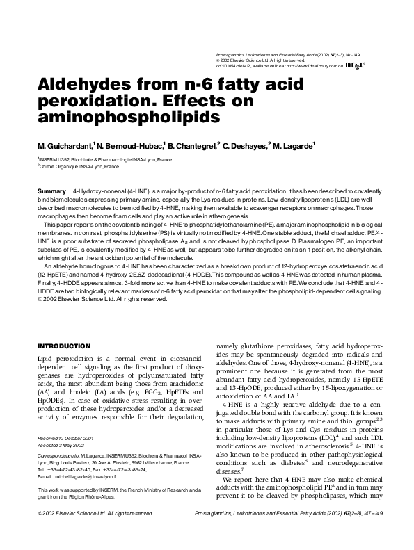 (PDF) Aldehydes from n-6 fatty acid peroxidation. Effects on ...