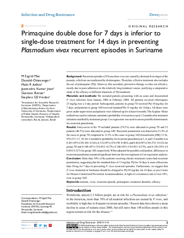 (PDF) Primaquine double dose for 7 days is inferior to single-dose ...