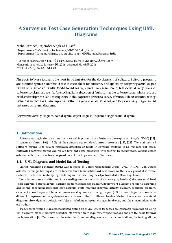 Pdf A Survey On Test Case Generation Techniques Using Uml Diagrams
