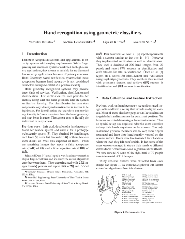 (PDF) Hand recognition using geometric classifiers